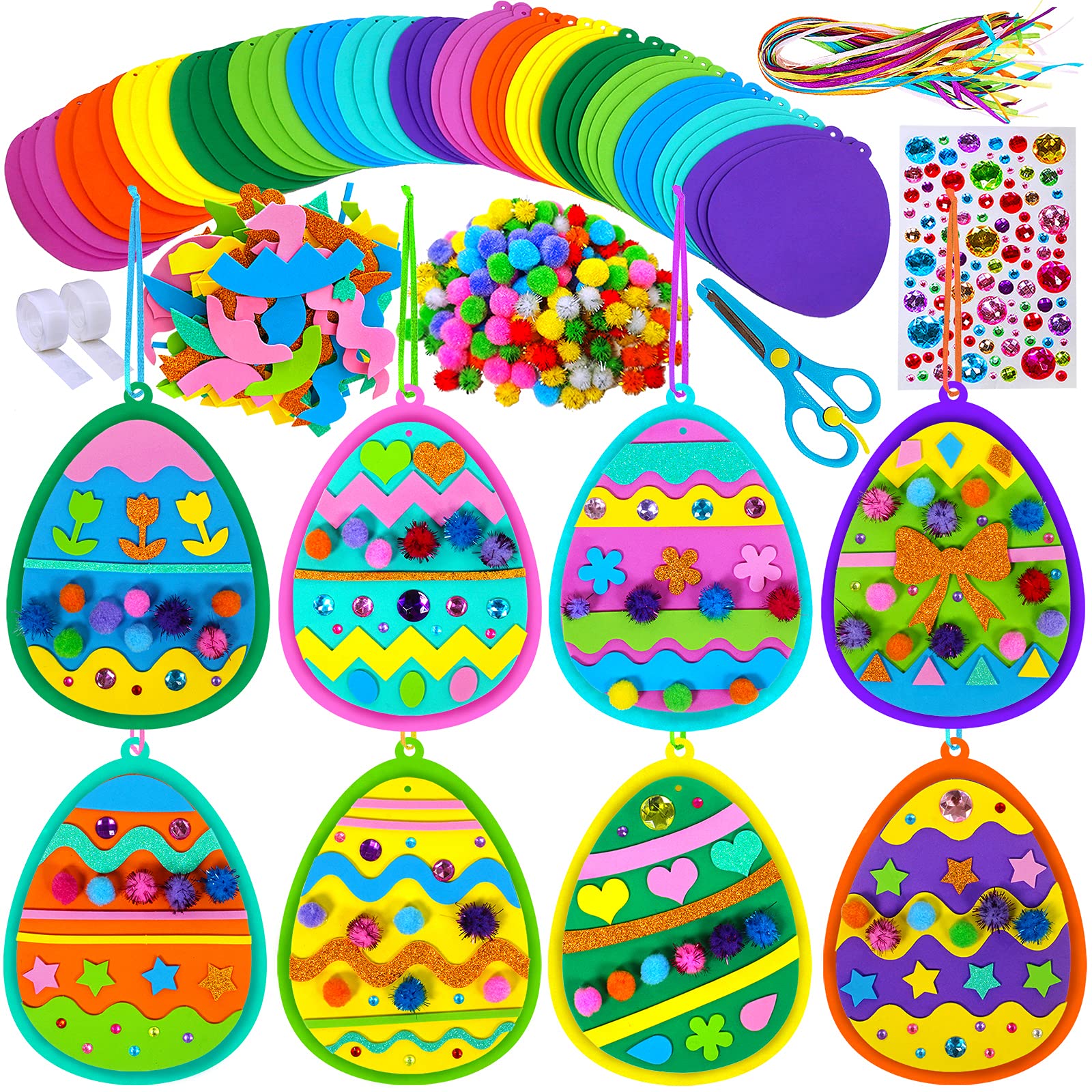 24 Sets Easter Egg Ornaments Decorations DIY 3D Easter Craft Kits Assorted Foam Easter Egg Shaped Ornaments Easter Stickers Pom-poms for Kids Party Favors Easter Spring Classroom Activity Art Project