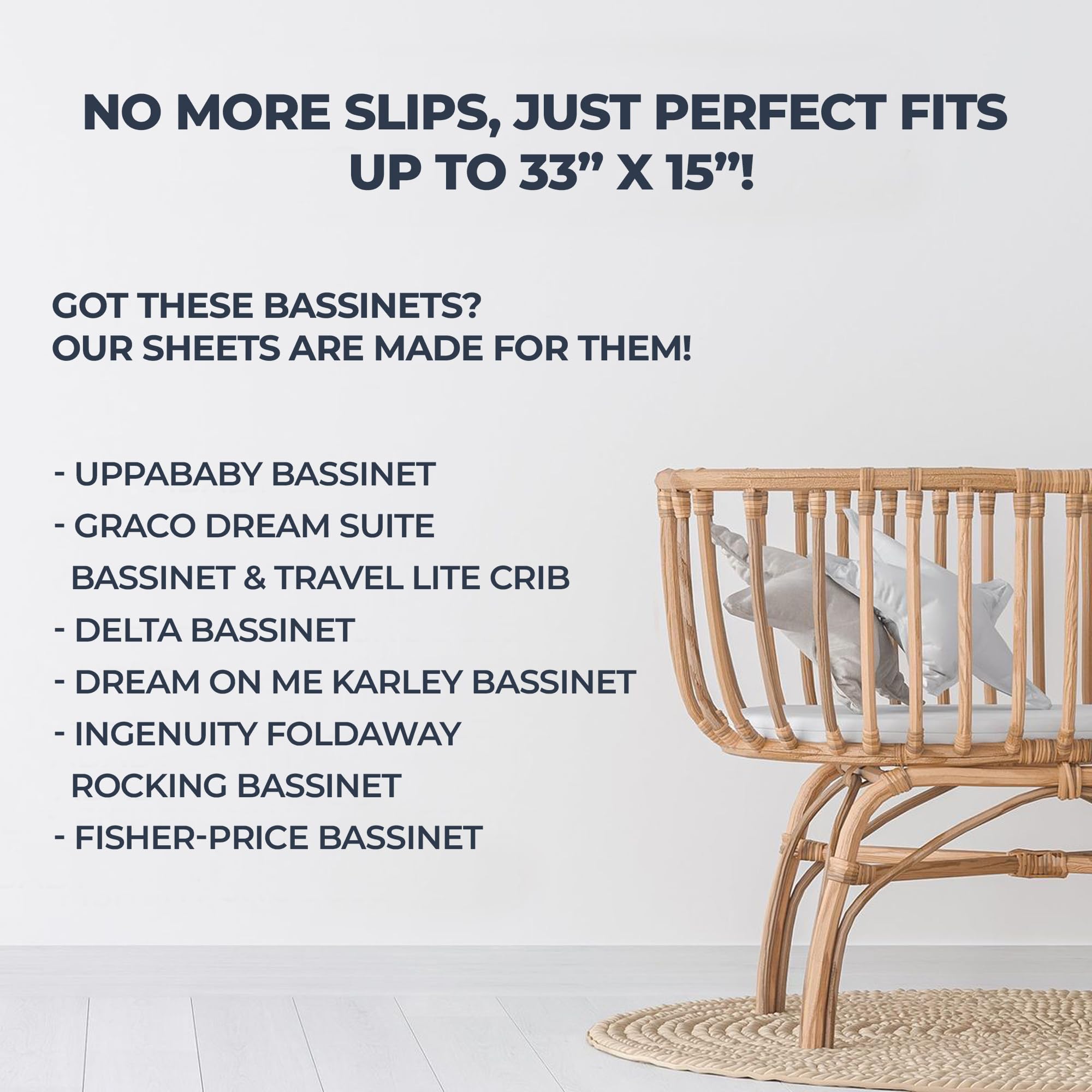 100% Organic Cotton Bassinet Sheets (4-Pack) - GOTS Certified - Bassinet Bedding for Standard Size Oval & Rectangular Mattress - Breathable Percale Weave Softens with Each Wash - 33" L x 15" W