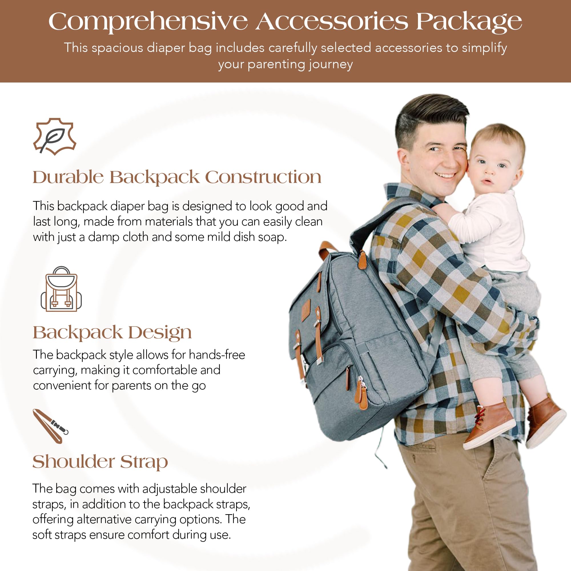 Citi Collective Nomad Grey Diaper Bag Backpack -Premium Vegan Leather- Compact Spacious Design With Insulated Pockets and Stroller Clips