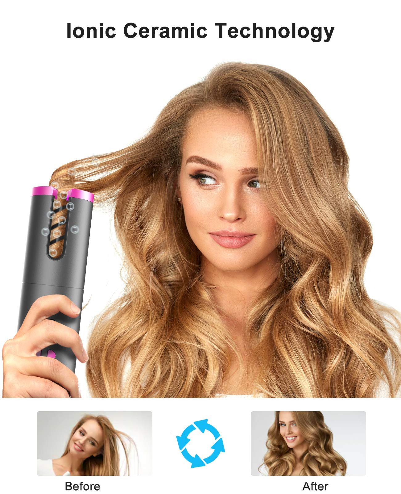 Curling Iron Automatic Cordless Hair Curler with 6 Temperature & Timer Settings, Portable Auto Shut-Off Rechargeable Curling Wand for Girls