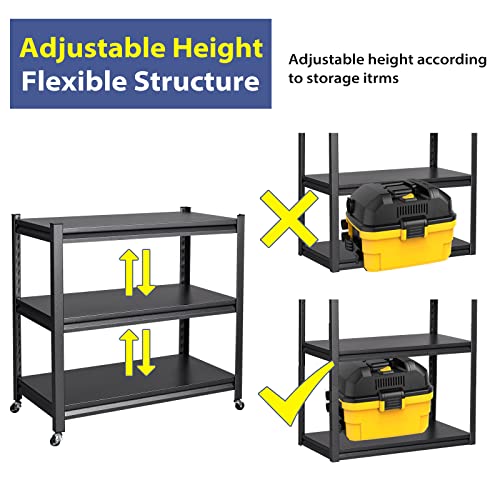 3 Tier Metal Storage Racks with Wheels, Mobile Garage Shelves Unit 17.7" D x 33.9" W x 31.5" H, Rolling Kitchen Racks, for Garage Pantry Home Office