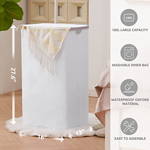 100L Large Laundry Hamper with Lid and Liner Bag, 27.6" Tall Laundry Basket with Handle, Waterproof and Collapsible Cloth Hamper for Bedroom and Bathroom, White