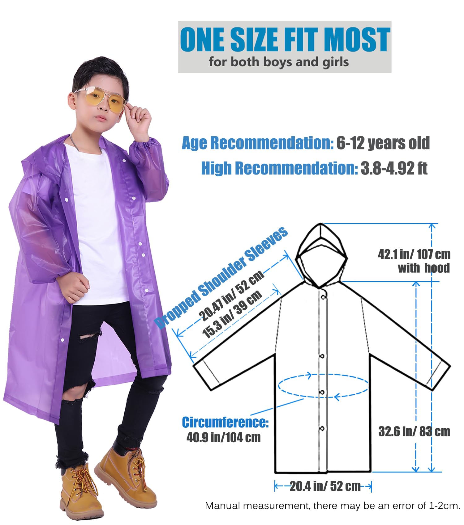 Makonus Kids Rain Jacket, 2 Pack Rain Ponchos for Kids with Hood and Sleeves Reusable Raincoats for Boys and Girls