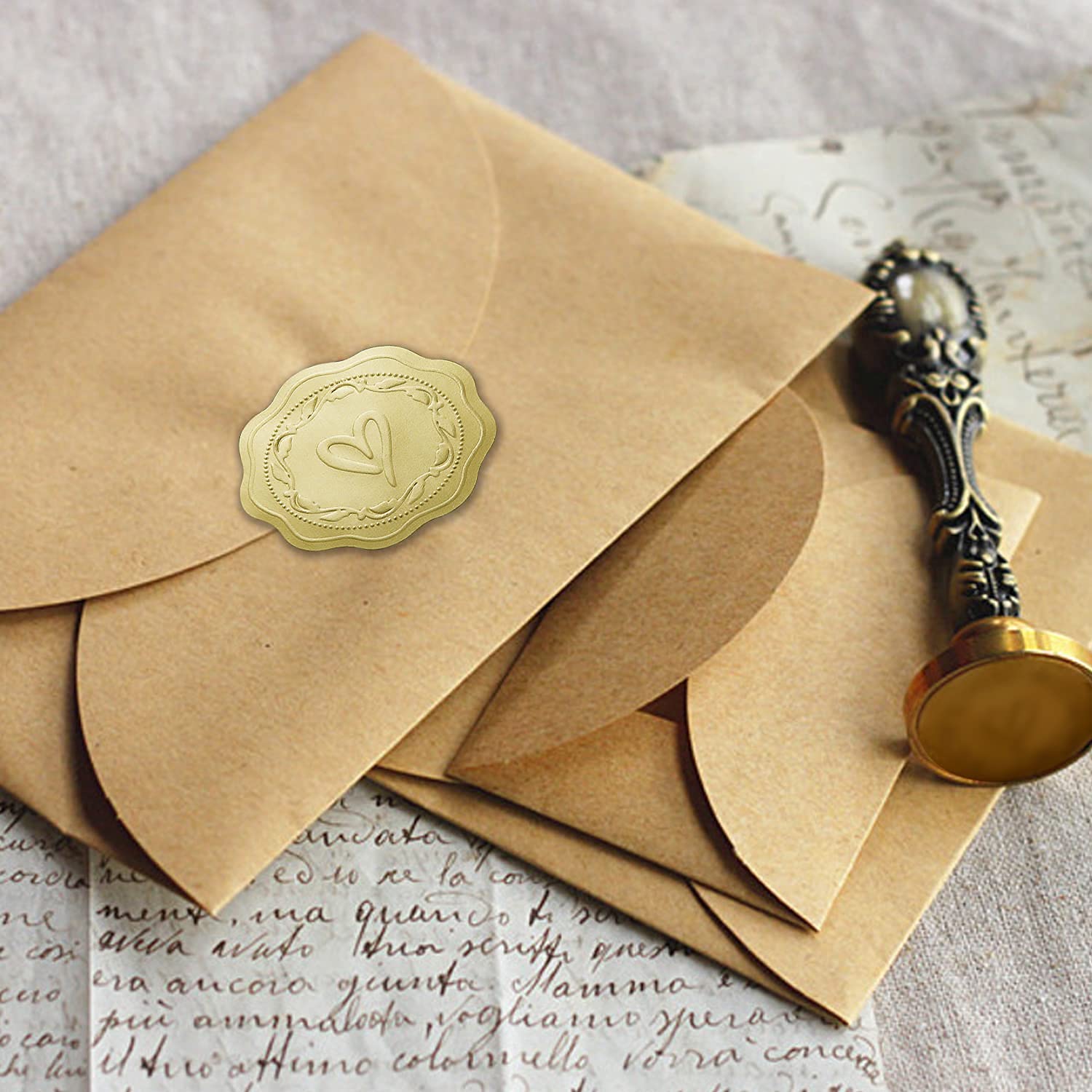 300 Parks Gold Heart Stickers Gold Embossed Heart Envelope Seals Wax Stickers Gold Embossed Envelope Stickers - Gold Stickers for Envelopes, Wedding Stickers Greeting DIY Decoration