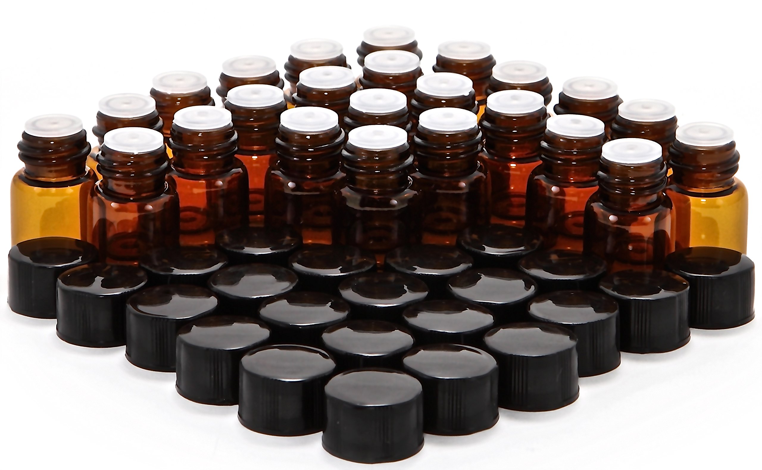 24, Amber, 2 ml (5/8 Dram) Glass Bottles, with Orifice Reducers and Black Caps