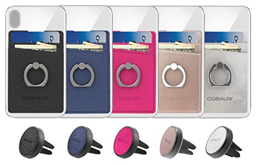COBALTX Leather Cell Phone Ring Wallet Adhesive and Matching Magnetic car Vent Mount Card Holder Back of Phone All in one Combo Wallet Ring Grip Kick Stand Phone Wallet Stick on with Ring (Hot Pink)