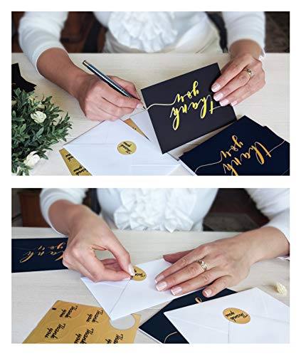 100 Thank You Cards in Black with Envelopes and Stickers - Quality Elegant Bulk Notes Embossed with Gold Foil Letters for Weddings, Graduations, Engagements, Business, Formal, Funeral, 4x6