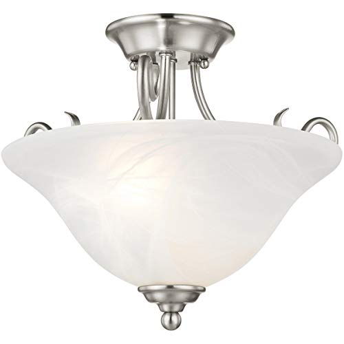 2 Light Brushed Nickel Ceiling Light Fixture with White Alabaster Glass Shade