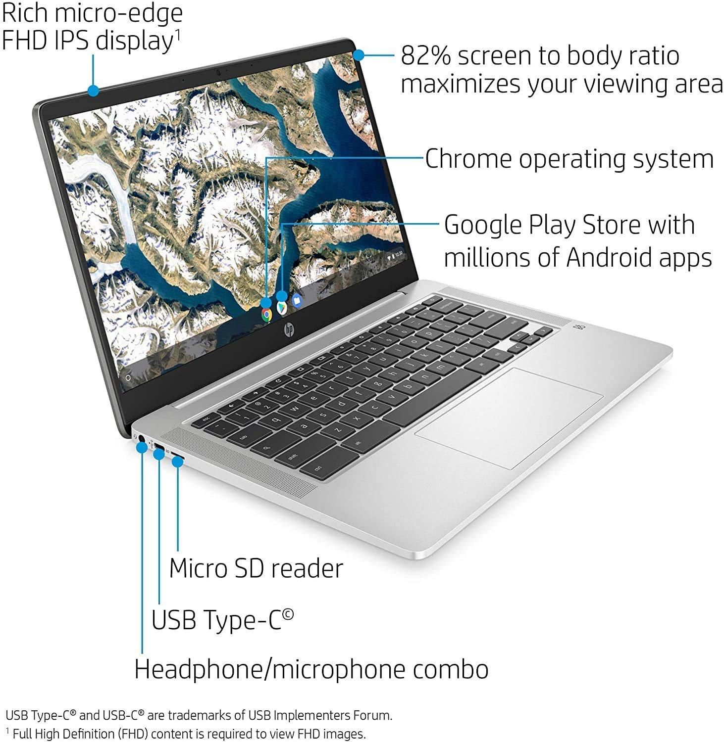 2020 HP 14" Premium FHD IPS Anti-Glare WLED-Backlit Chromebook, Intel Celeron N4000 up to 2.6GHz, 4GB DDR4, 64GB eMMC, WiFi, Media Reader, USB-C, Bluetooth, Webcam, Chrome OS, Aloha Bundle (4GB 64GB)