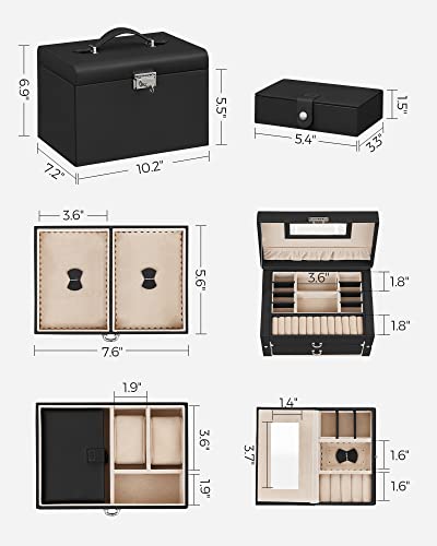 SONGMICS Jewelry Box 3 Layers, Jewelry Organizer with 2 Drawers, Jewelry Case with Portable Travel Case, with Handle, Lockable, Jewelry Storage, Gift for Loved ones, Black UJBC121B