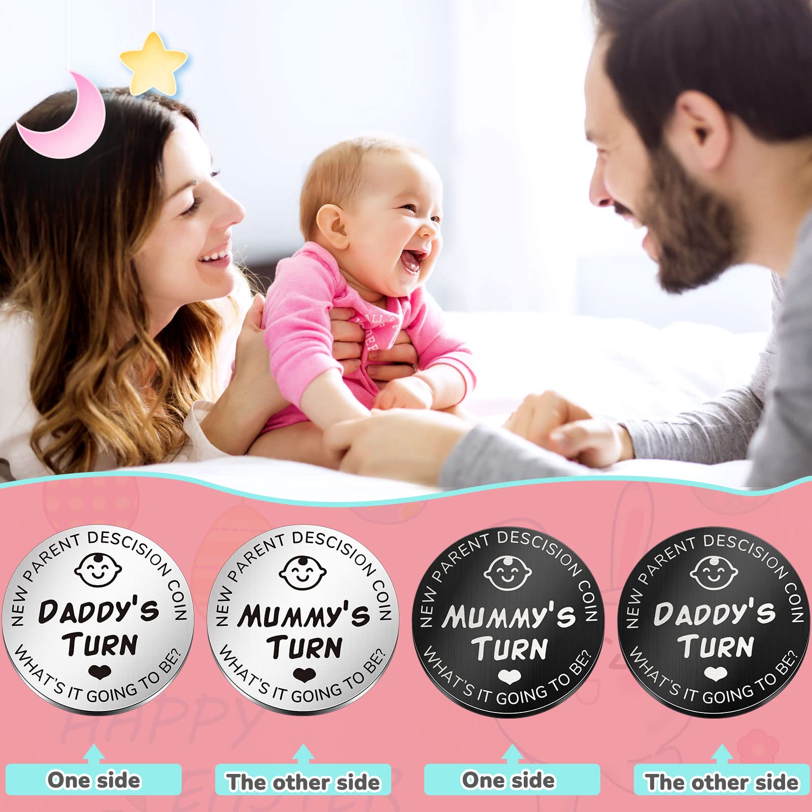 2 Pieces Fun New Parents Decision Coin Double-Sided Decision Making Coin New Baby Presents Pregnancy Presents for First Time Mom New Dad Presents for Christmas Thanksgiving Silver and Black