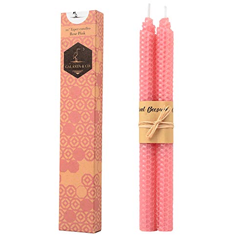 100% Pure Beeswax Handmade Taper Candles (Rose Pink) - 10 Inch Smokeless Dripless Pair - Natural Subtle Honey Smell - Elegant Honeycomb Design — by Galánta & Co.