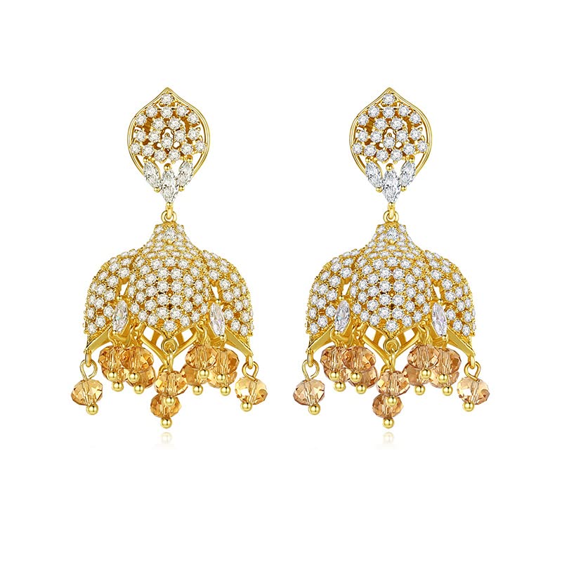 14K Gold Indian Tassel Crystal Drop Earrings for Women,Vintage Palace Style Bell Shape Heavy Industry Dangle Earrings,Fashion Christmas Jewelry Gift for Her (Style 1, 14K Gold)