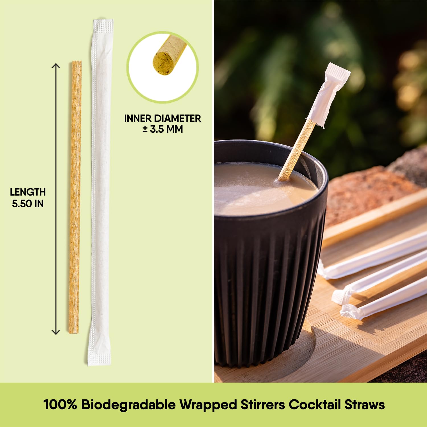 100% Biodegradable Individually Wrapped Cocktail Stirrers β 100 PCS of 5.50 Inches Premium Quality Disposable Coffee Stirrers, Best Biodegradable Stirrers for All Drinks β By The Veggie Straws