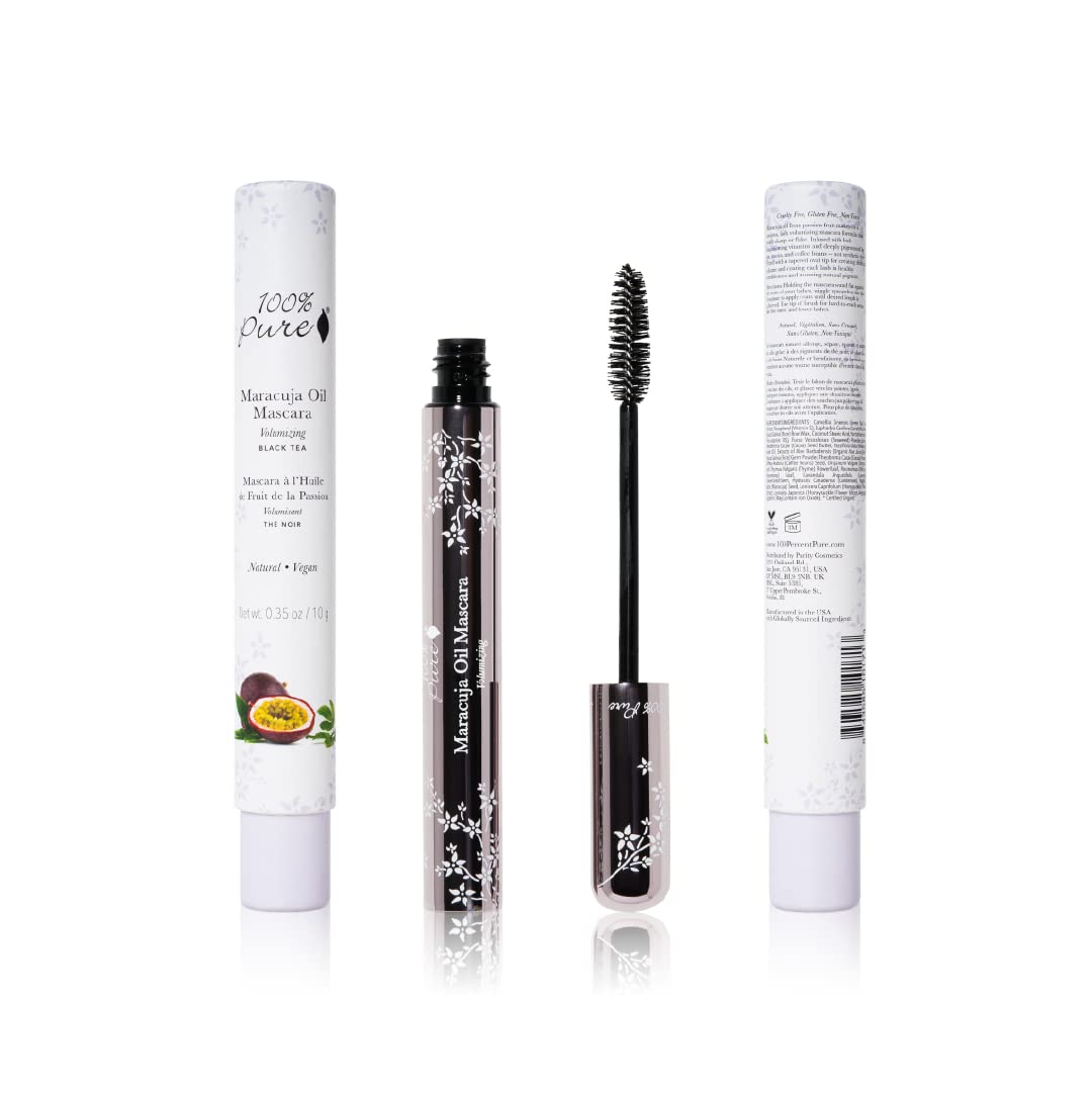 100% PURE Maracuja Oil Mascara Dramatic Intense Volume & Length Natural Fruit Pigmented Voluminous Eyelash Makeup No Clumping, Smudging or Flaking - Vegan, Black Tea Color - 0.35 oz