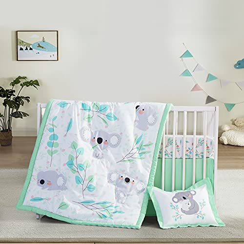 Little Grape Land 4 Piece Crib Bedding Set, Crib Sheet, Crib Skirt, Baby Quilt and Pillow Cover, Nursery Bedding Set, Baby Comforter Set for Toddler, Kids, Boys and Girls, Green Koala