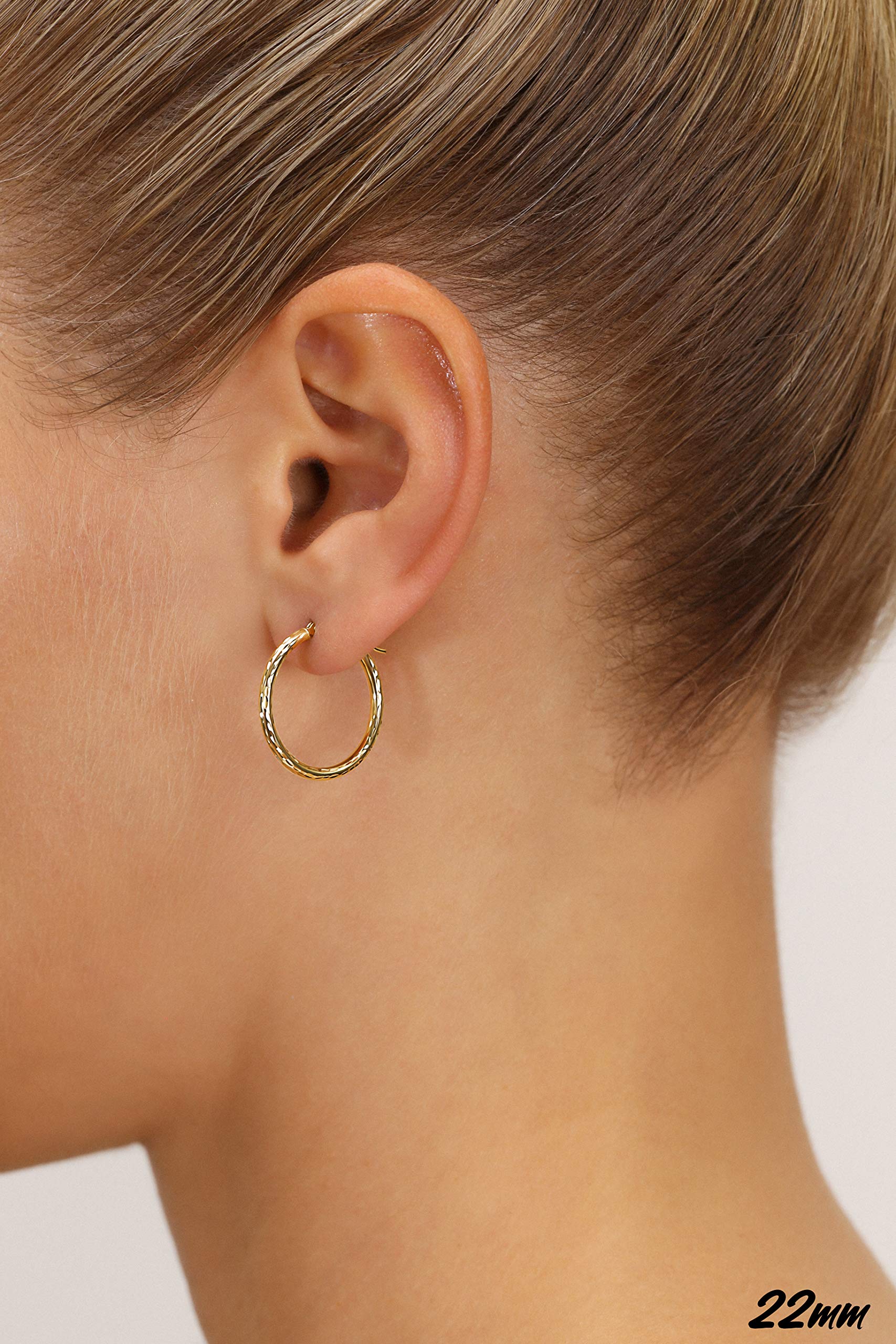 14k Yellow Gold Hand Engraved Full Diamond-cut Round Hoop Earrings (22mm (0.87 inch))…