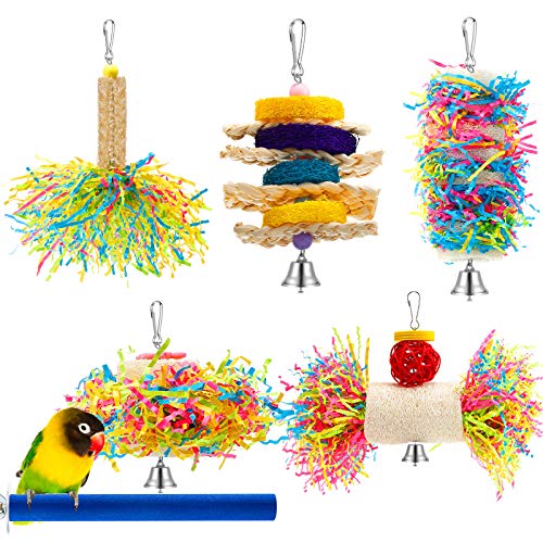 6 Pieces Parrot Cage Shredding Toy Bird Chewing Toys Foraging Hanging Toy Bird Loofah Toys with Bird Perch Stand Toy Blue Paw Grinding Stick for Small Bird Parakeets Cockatiel Conure African Grey