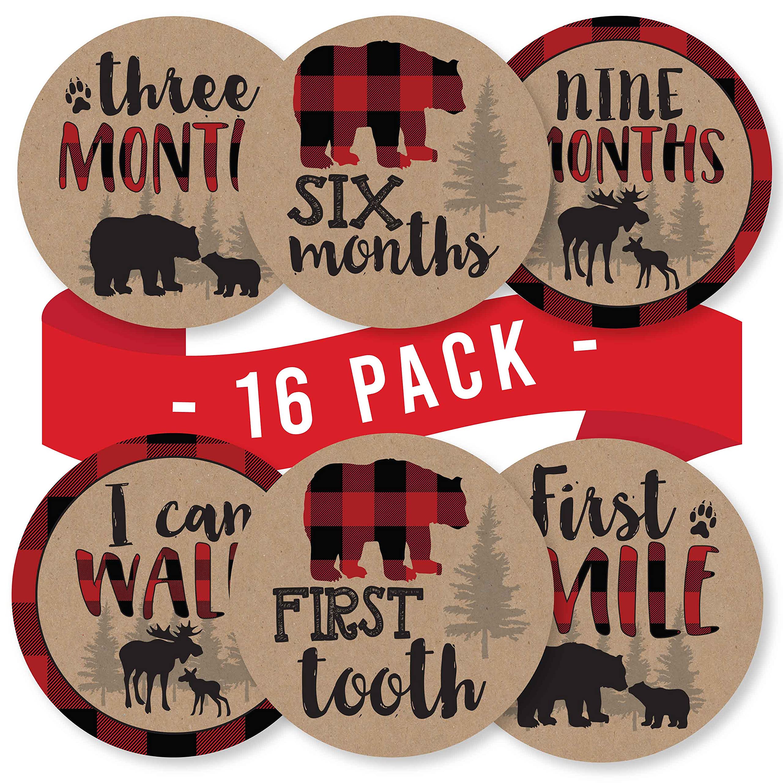 16 Monthly Baby Milestone Stickers Boy - Lumberjack Baby Monthly Milestone Stickers for Baby Boy, Milestone Baby Monthly Stickers, Baby Month Stickers for Baby Photo Props, Monthly Baby Stickers Boy
