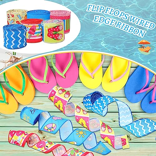 6 Rolls 30 Yards Summer Wired Ribbon Flip Flop Waves Polka Dot Stripe Fabric Decorative Ribbon Summer Themed Burlap Ribbons for Summer Wreath Bow DIY Craft