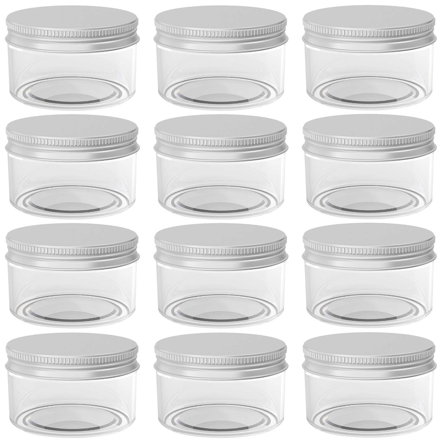 4 Ounce Plastic Container Jars Refillable Empty Cosmetic Containers for Cream, Lotion, Liquid, Ointments, Silver Lids 12 Pcs