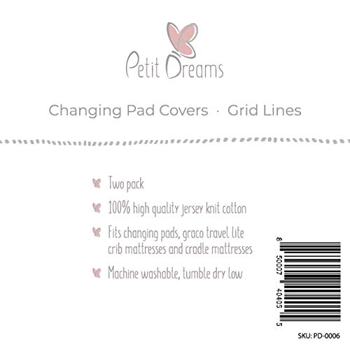 Petit Dreams Changing Pad Cover Jersey Knit Cotton for Baby Boy Or Baby Girl Doubles As Cradle Sheet, Grey Dotted Stripes & Grey Grid Lines, (Pack of 2)