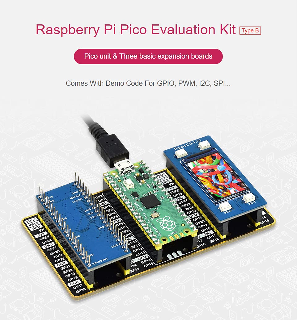 Raspberry Pi Pico Evaluation Kit (Type B) RPi Pico with Pre-Soldered Header+1.14 inch LCD Display+10-DOF IMU Sensor+GPIO Expander+Dual GPIO Expander