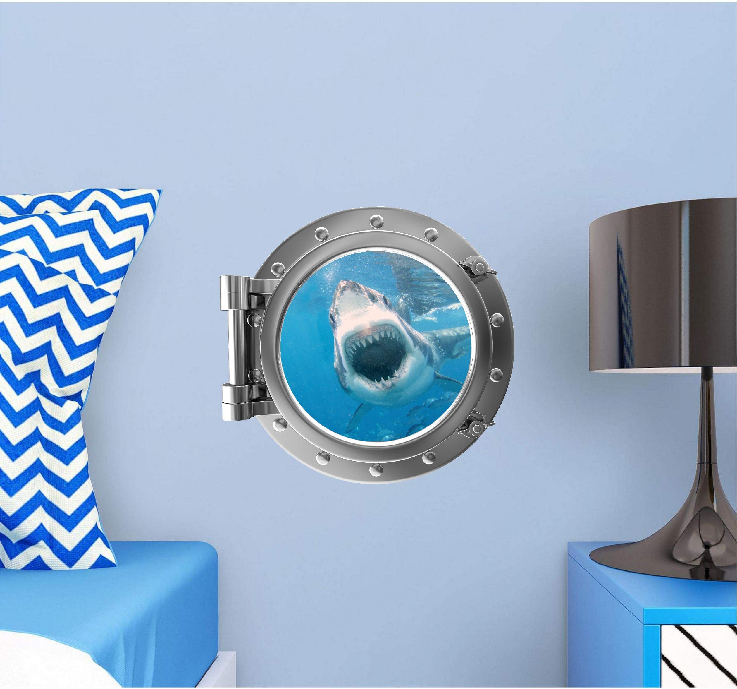 12" Port Scape Instant 3D Window Wall Sticker Great White Shark Attack Silver Porthole Wall Decal Ocean Under Water Sea Life Fish Kids Bedroom Playroom Wall Art Room Decor Removable Fabric Vinyl
