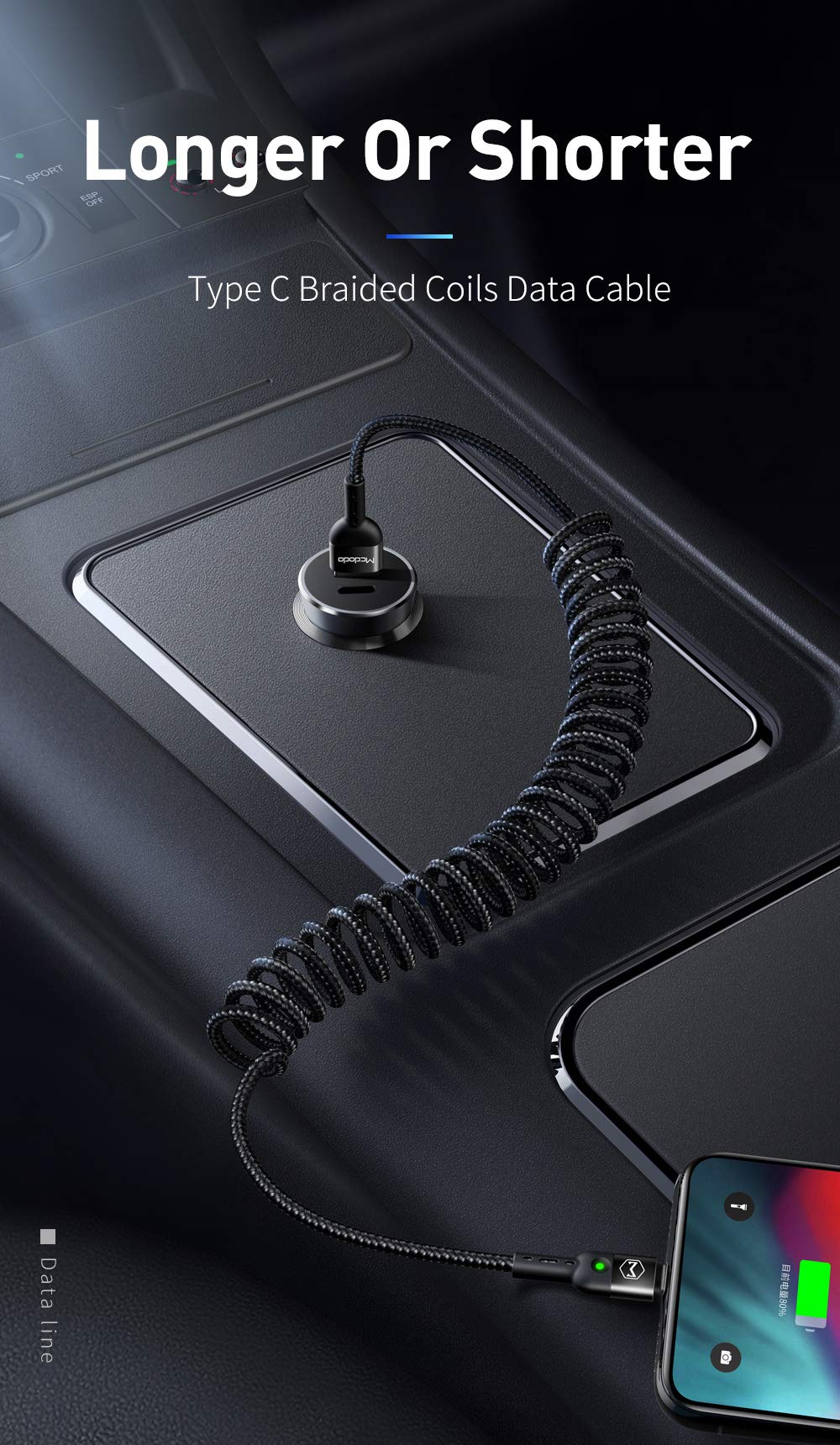 mcdodo [Type-C] Anti Winding Cable, Quick Charge QC 4.0 USB C Charging Data Coiled Cable Nylon Braided LED Compatible with Phone 15/15 Pro Max/Samsung Galaxy S20 S10 S9 S8 Plus Note10 LG Google Pixel