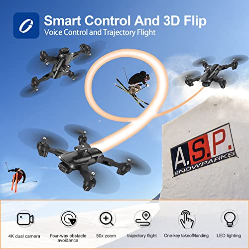 2023 Foldable FPV Drone with Adjustable 4K HD 2.4G WiFi Dual Camera,27MPH Speed,Lightweight RC Quadcopter for/Adults/Beginner/Kids,3 Batteries,Trajectory Flight,3D Flips,1 Key Fly/Land(black)