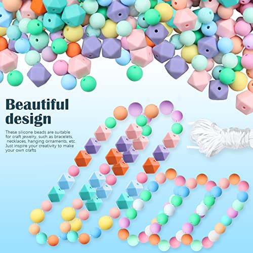 101 PCS Silicone Beads, Silicone Loose Beads for Keychain Making Round Rubber Beads Polygonal Silicone Beads Colorful Silicone Loose Pearl Beads with Rope for DIY Necklace Bracelet Jewelry Crafts