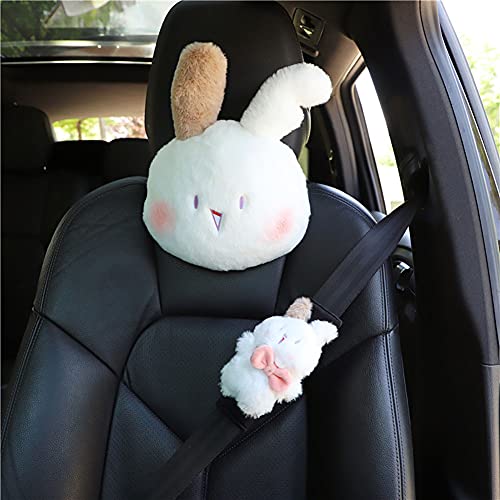 seemehappy Fuzzy Naughty Bunny Car Pillow Headrest Pillow, Fluffy Bunny Seat Belt Should Pad Cover, Cute Auto Accessories for Girls