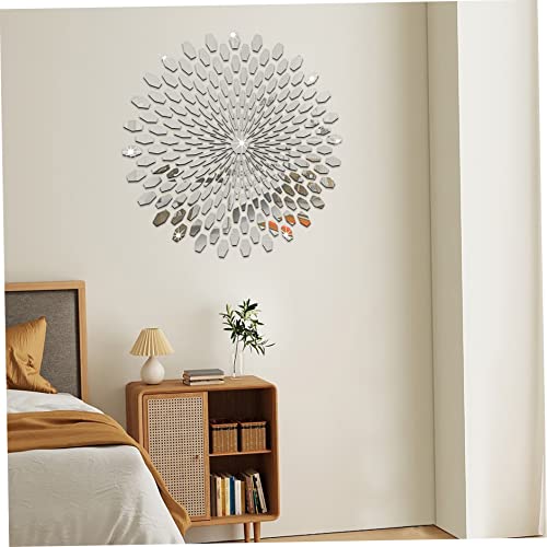 3D Sun Flower Mirror Wall Stickers Acrylic Mirror Wall Decals DIY Removable Sun Pattern Modern Mirror Surface Wall Decor for Bedroom Living Room Office TV Background Home Decoration Silver