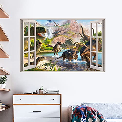3D Watercolour Dinosaur World Fake Windows Wall Sticker,Peel and Stick Removable Decals for Kids Nursery Bedroom Playroom Living Room Decoration(27.55"x17.32")