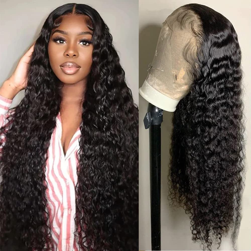 HD Lace Front Wig Human Hair Deep Wave Wigs For Black Women 180% Density 13x4 Water Curly Lace Frontal Wigs Glueless Human Hair Pre plucked with Baby Hair Brazilian Wet n Wavy Lace Closure Wig 28inch