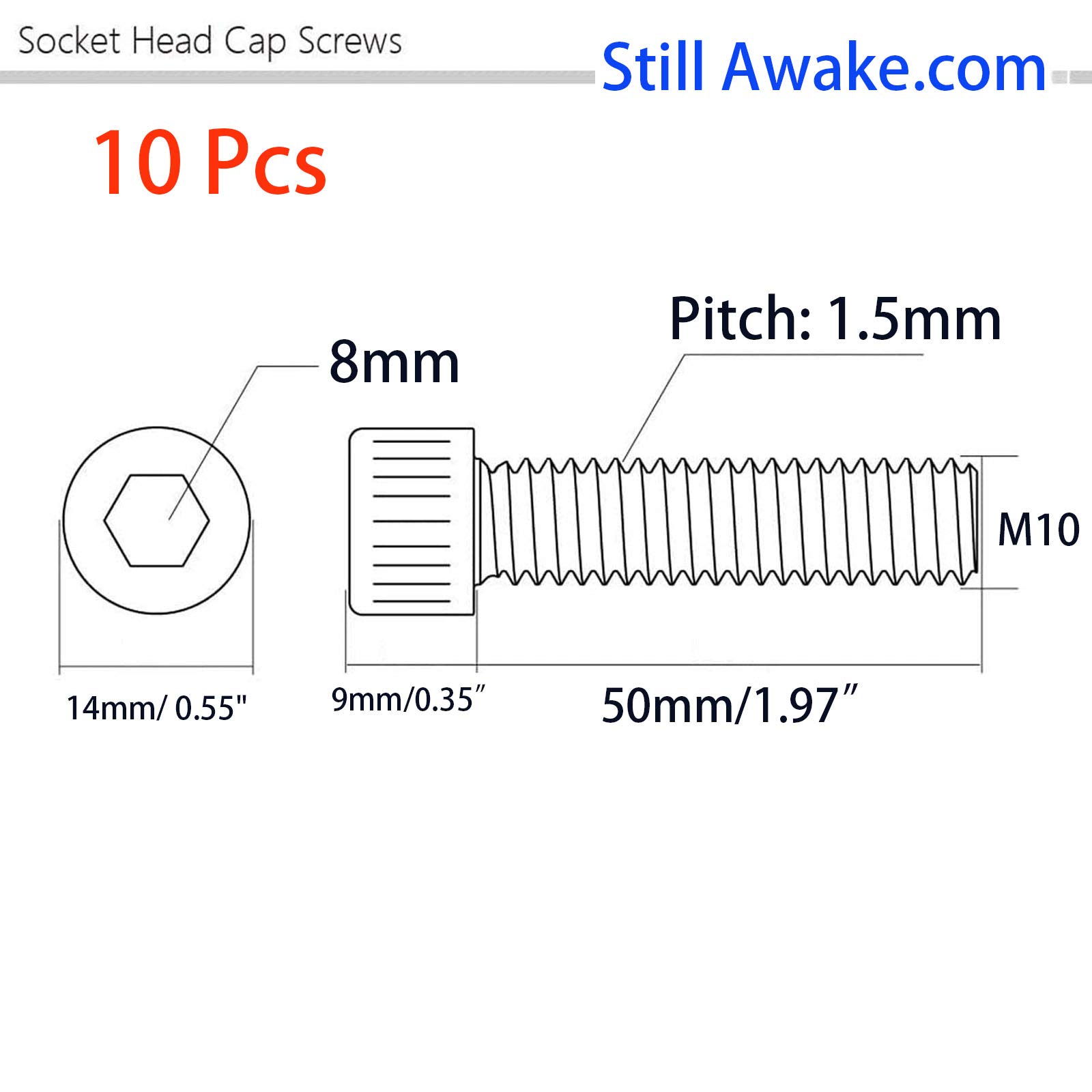 10 Pcs M10-1.5x50mm Stainless Steel Hex Socket Head Cap Screws Bolts Inner Hex Socket Bolt DIN 912