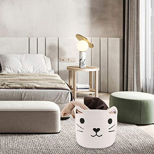 12''X10'' Woven Basket White Toy Storage Basket Cat Design | LONTAN Cotton Rope Basket Collapsible Baby Hamper Cute Bathroom Storage Basket for Clothes, Towels