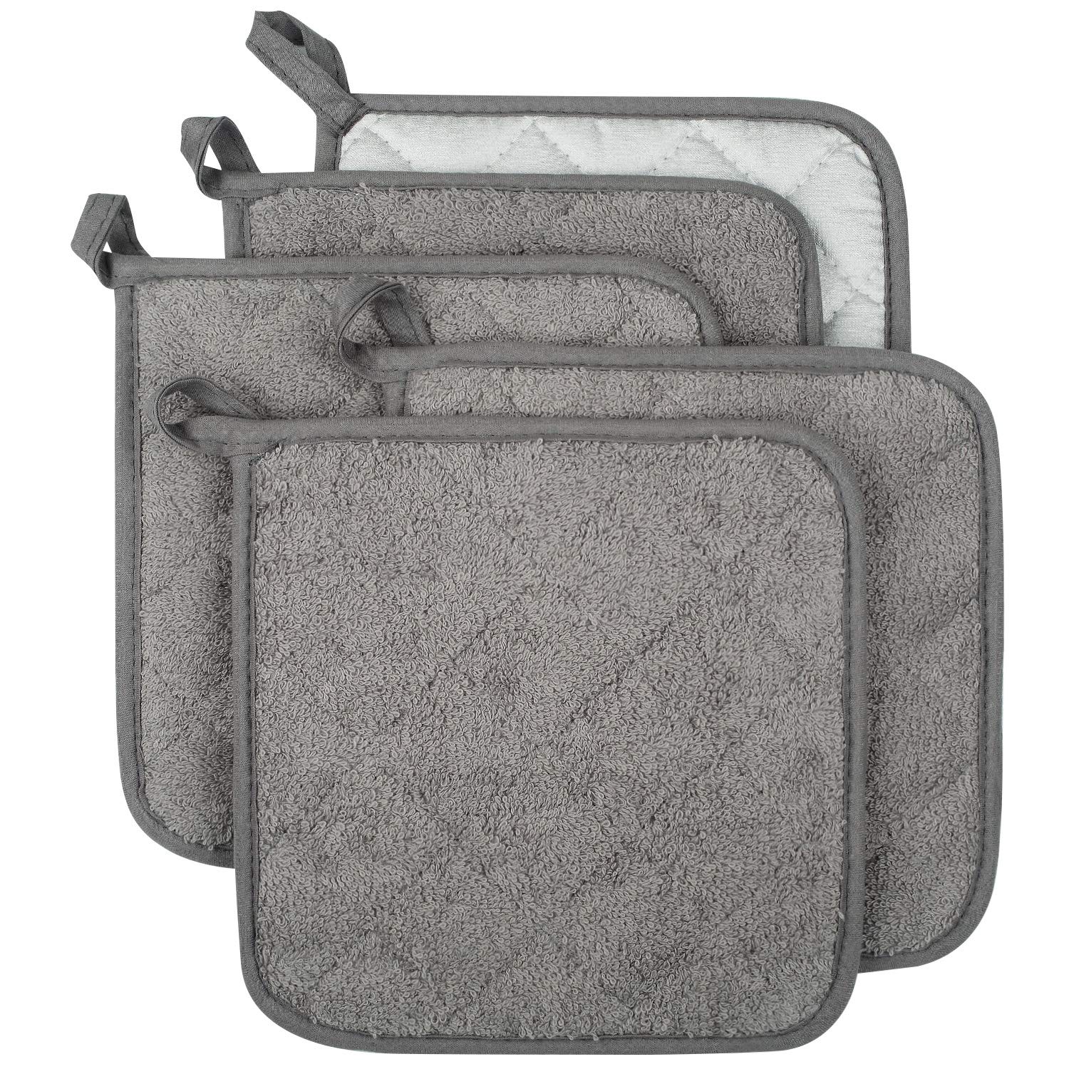 100% Cotton Kitchen Everyday Basic Terry Pot Holder Heat Resistant Coaster Potholder for Cooking and Baking Set of 5 Grey