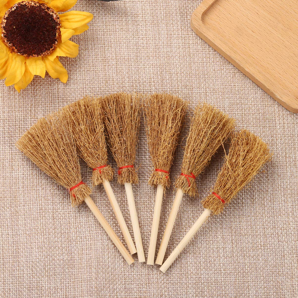 SEWACC 12pcs Mini Broom Decoration Miniature Artificial Straw Brooms Hanging Ornament Halloween Straw Craft Decor Witches Broom for Cosplay Party