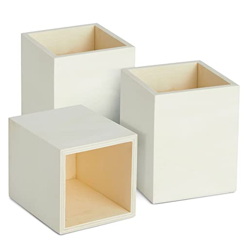 3-Pack Unfinished Wood Pencil Holder Cups for Office Supplies, Wooden Pen Organizer for Desk Organization, Classroom, Home, Accessories Storage, Arts and Crafts (3x3.5 in)