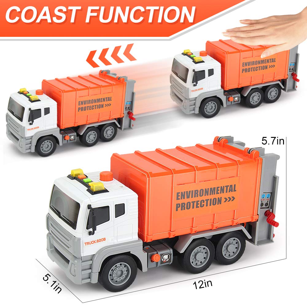 12" Garbage Truck Toys Trash Truck Dump Truck with 4 Garbage Cans, Friction Powered Truck with Sound and Light,Push and Go Pull Back Car for Boys
