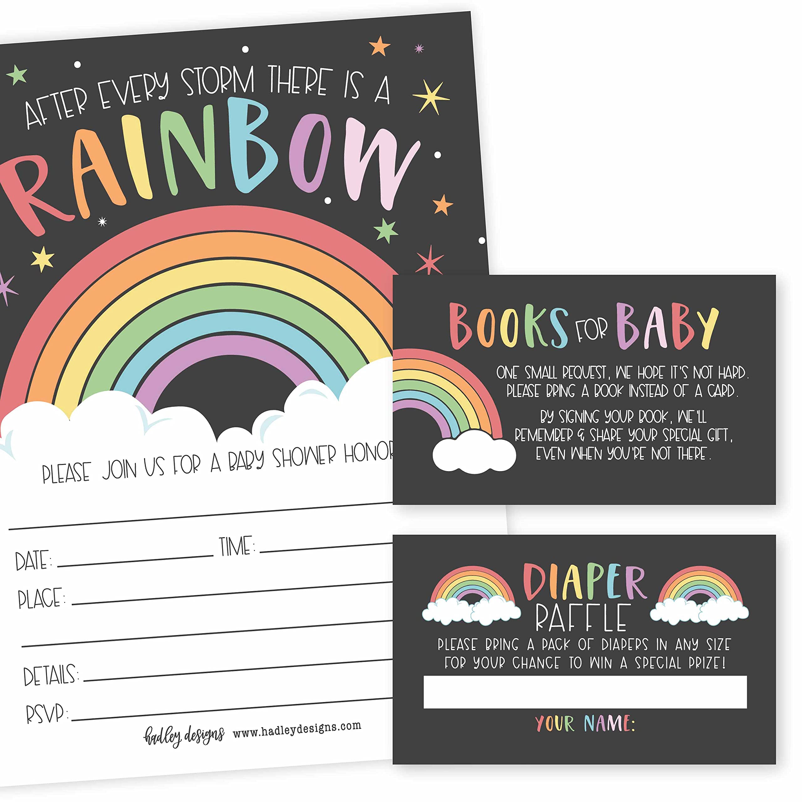 25 Rainbow Baby Shower Invitations, 25 Book Request Baby Shower Guest Book Alternative, 25 Baby Shower Diaper Raffle Tickets For Baby Shower Games To Play, After Every Storm Diaper Raffle Cards