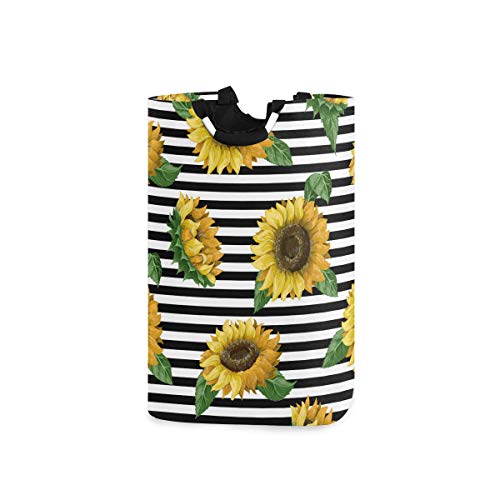 Aflyko Sunflower Black and White Stripes Laundry Basket Foldable Waterproof Laundry Hamper Large Storage Basket with Handles for Bathroom Washhouse Home Decor