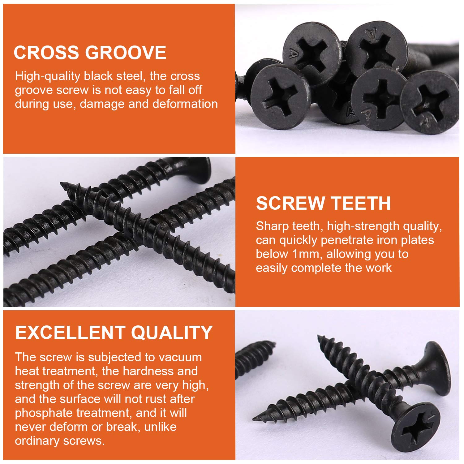 190PCS Premium Drywall Screws, Quality Black Steel #7 Sharp Point Self Tapping Screws with Phillips Drive, 8 Different Sizes Screws Assortment Set, Ideal Screw for Drywall Sheetrock, Wood and More