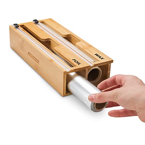 2 in 1 Wrap Dispenser with Cutter and Labels, Plastic Wrap, Aluminum Foil and Wax Paper Dispenser for Kitchen Drawer, Bamboo Roll Organizer Holder, Compatible with 12" Roll