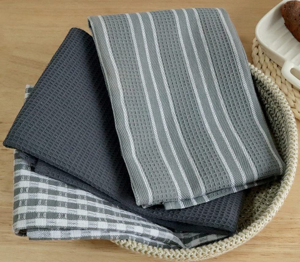 100% Cotton Waffle Tea Towels Pack of 3 Set Trendy Stripes Dish Towels for Kitchen Pack of 3 Kitchen Tea Towel Set 17x25 in