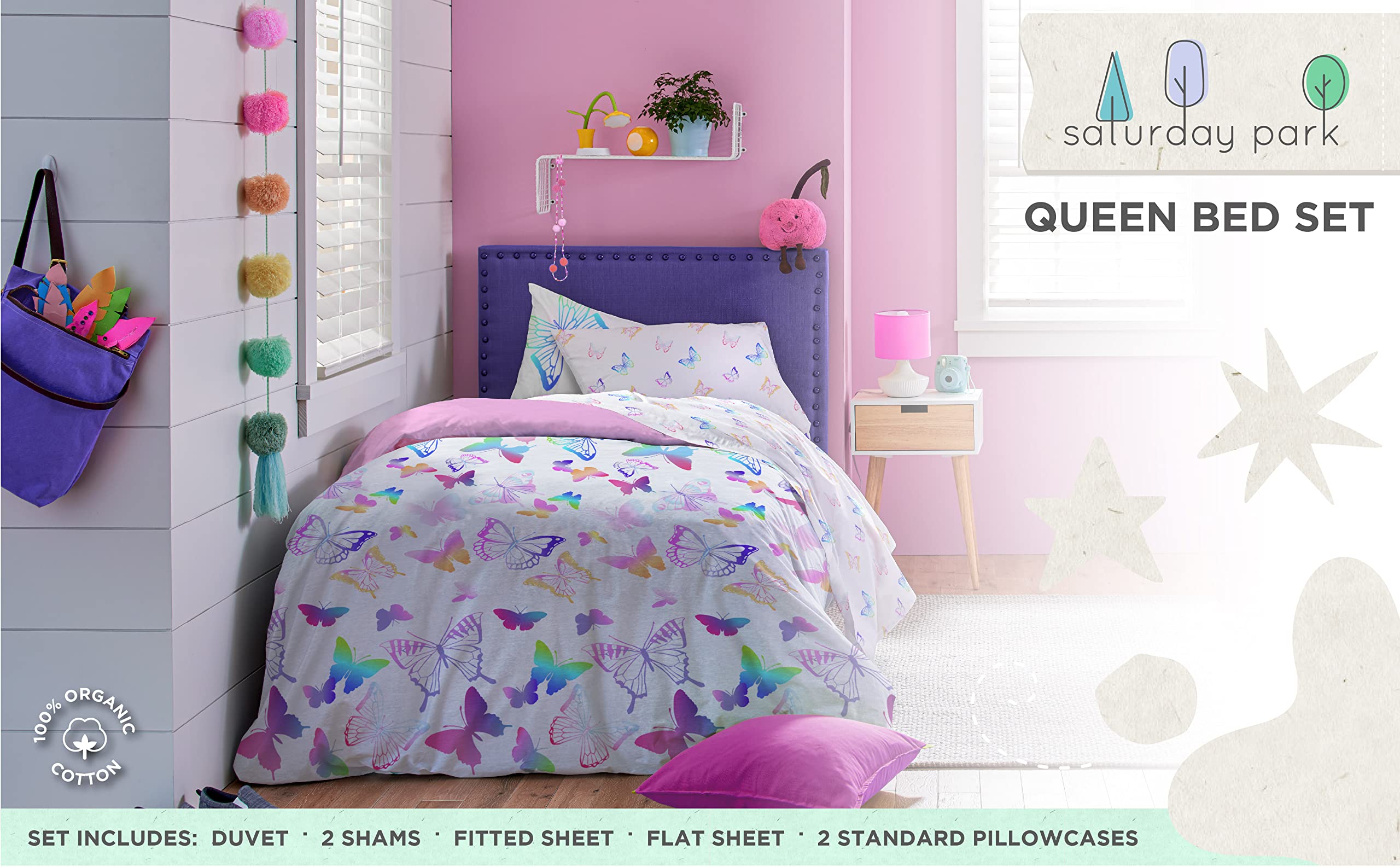 Saturday Park Ombre Butterflies Queen Bed Set - 7 Piece 100% Organic Cotton Bedding - GOTS & Oeko-TEX Certified