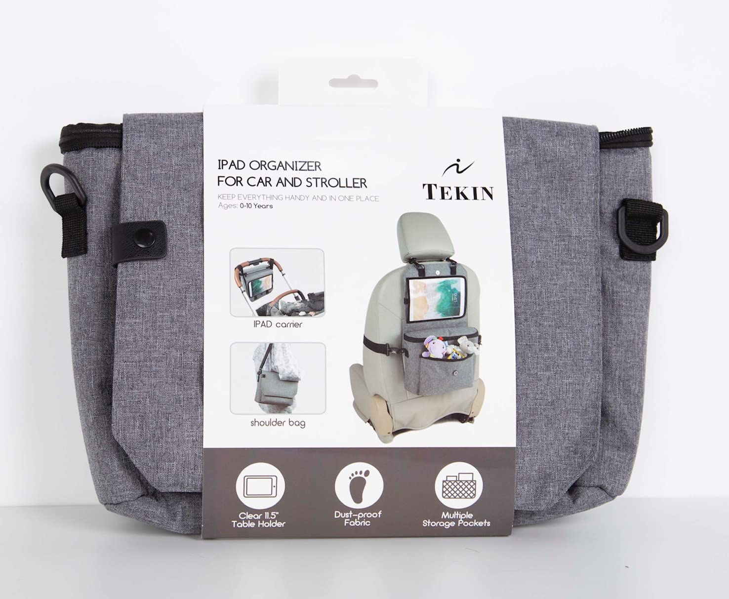 TEKIN Kids Car Seat Organizer with iPad Holder Backseat Car Organizer for long Trips for Kids Stroller Organizer Bag with Tablet Holder, Car Travel Accessories Kids Essentials Organizer Bag -Gray