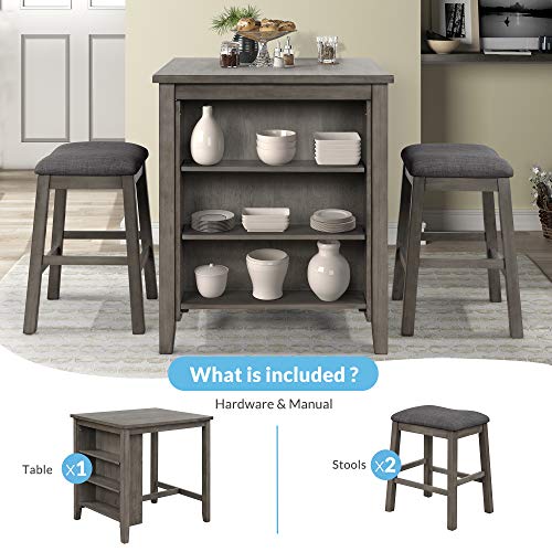 3-Piece Dining Room Table Set, Bar Pub Table Set with Storage Shelf, Industrial Style Counter Height Kitchen Table with 2 Backless Barstools for Dining Area (Gray)