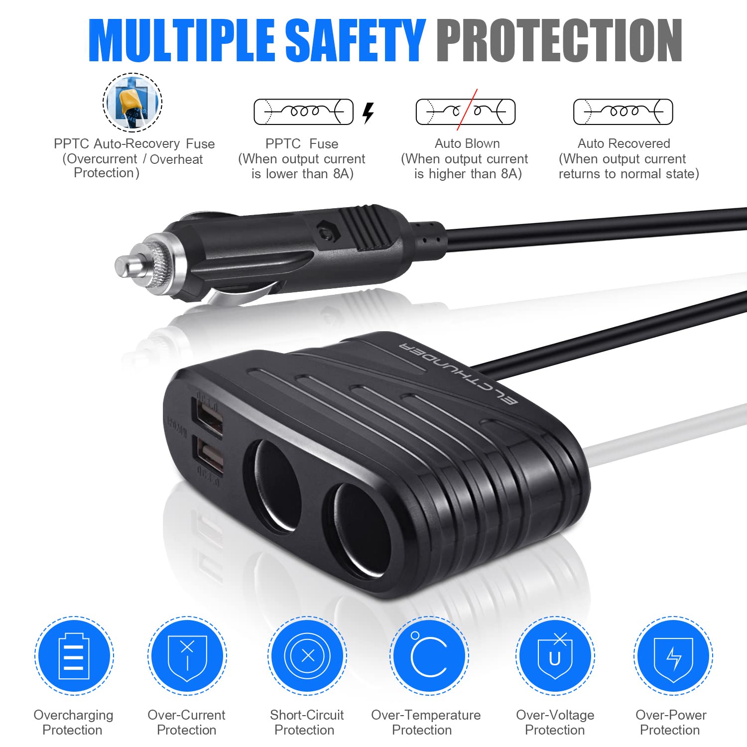 ELCTHUNDER Quick Charge 3.0 Cigarette Lighter Splitter, 2-Socket Car Charger with 27 Inches Extension Cable, 120W 12V/24V Car Charge Splitter with PD 20W Type-C Port for Phone GPS Dashcam